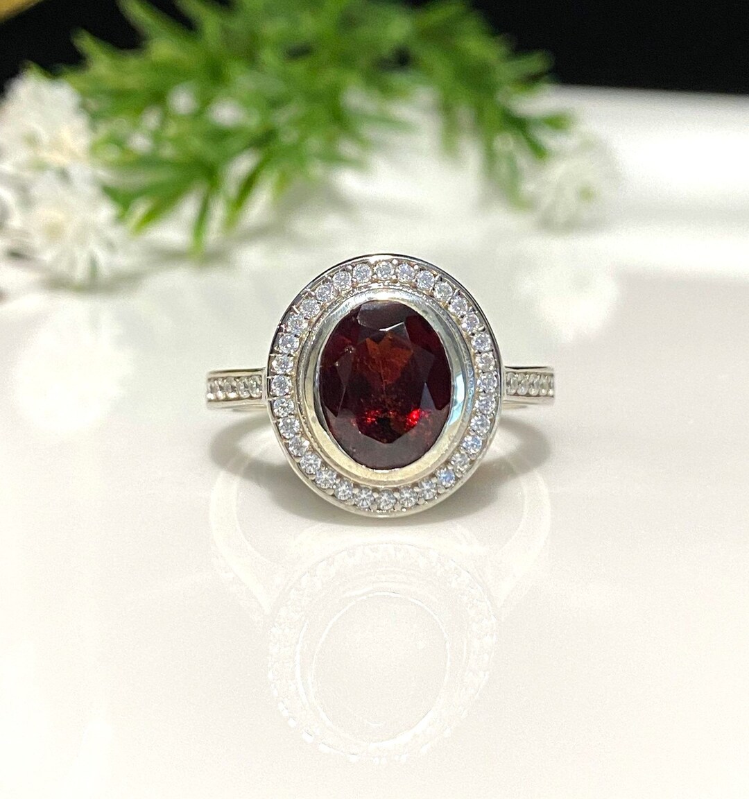 Vintage Sterling Silver Natural Oval Cut Garnet & White Topaz Ring Size ...