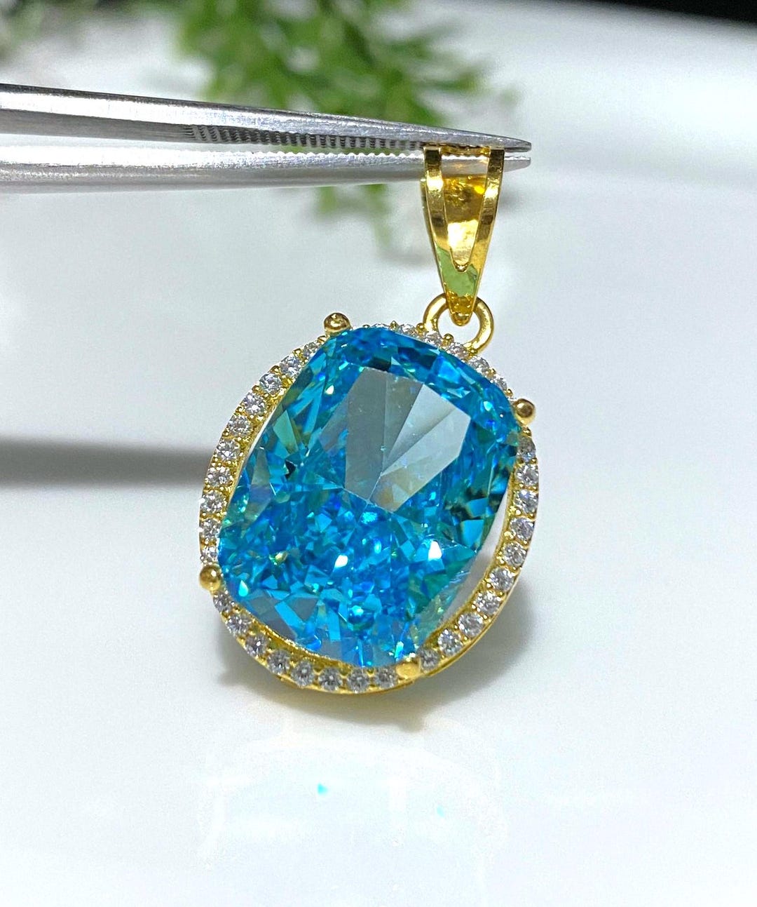 Vintage 15K 610 Solid Gold London Blue Topaz & White Topaz Rectangular ...