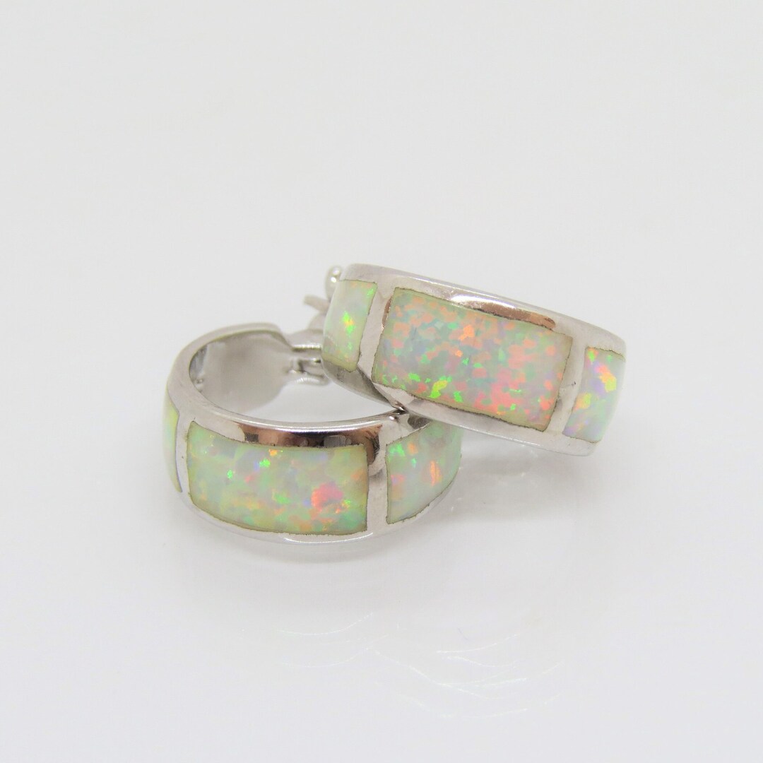 Vintage Sterling Silver White Opal Hoop Earrings - Etsy