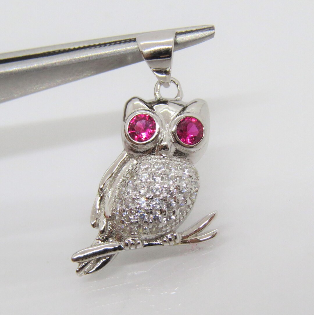 Vintage Sterling Silver Ruby & White Topaz Owl Pendant - Etsy
