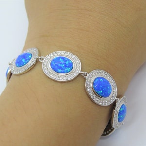 Vintage Sterling Silver Oval Blue Opal & White Topaz Link Bracelet 8'' - Etsy