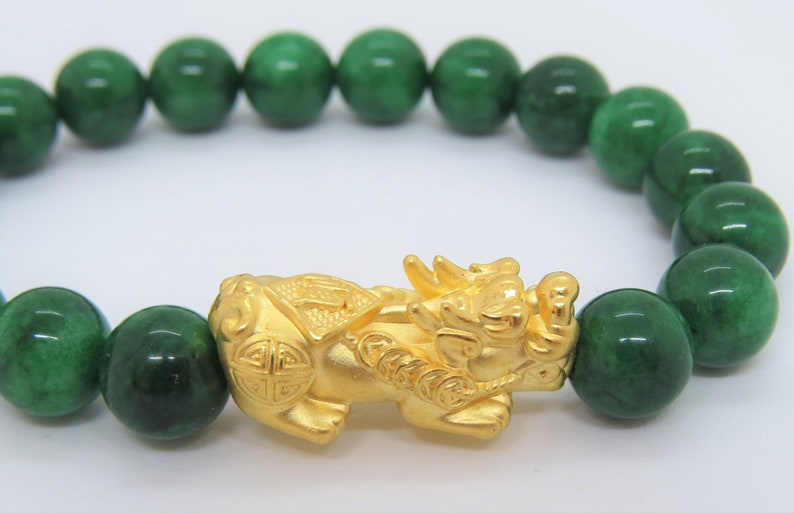 Vintage 24K 999 Pure Gold 3D Pixiu With Green Jadeite Jade Bead ...