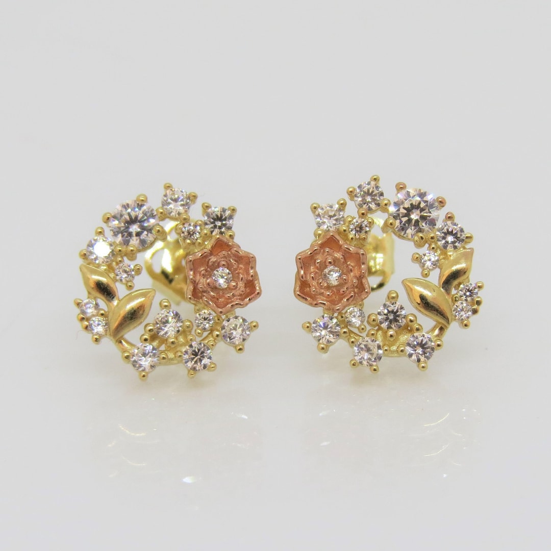 14K Solid Yellow & Rose Gold White Topaz Flower Earrings - Etsy