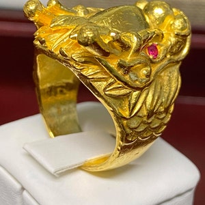 Vintage 24K Solid Pure Gold Ruby, Emerald Dragon Head Heavy Gold Ring ...
