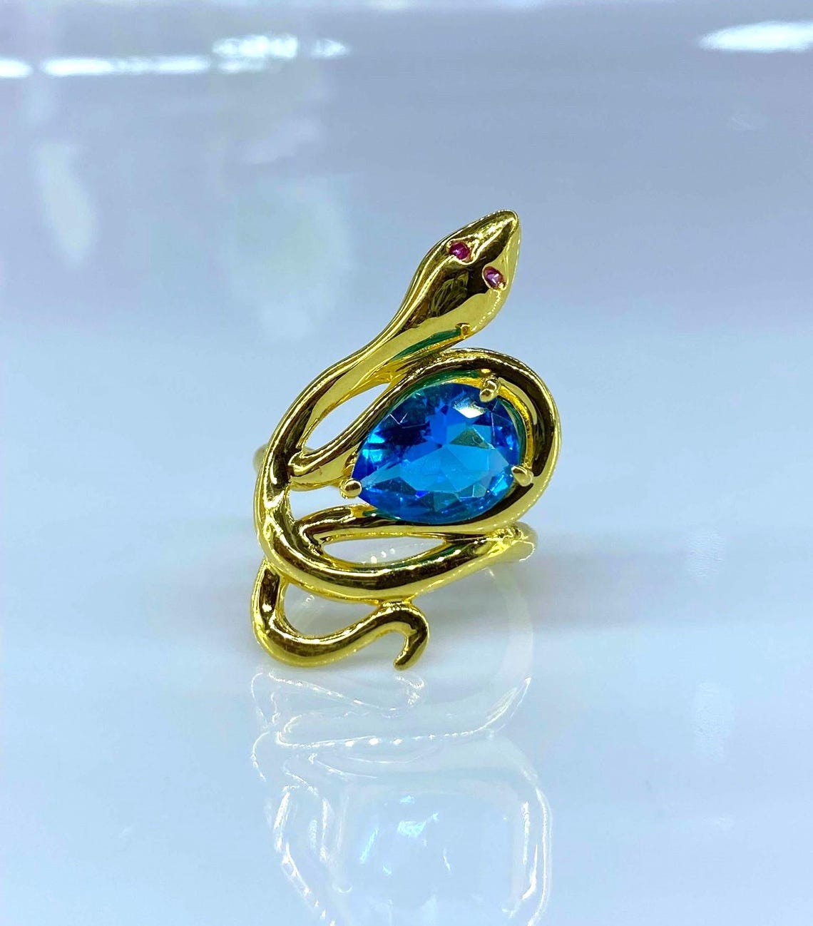 Vintage 15K Yellow Gold Snake Ring: London Blue Topaz, Ruby Eyes, Size ...