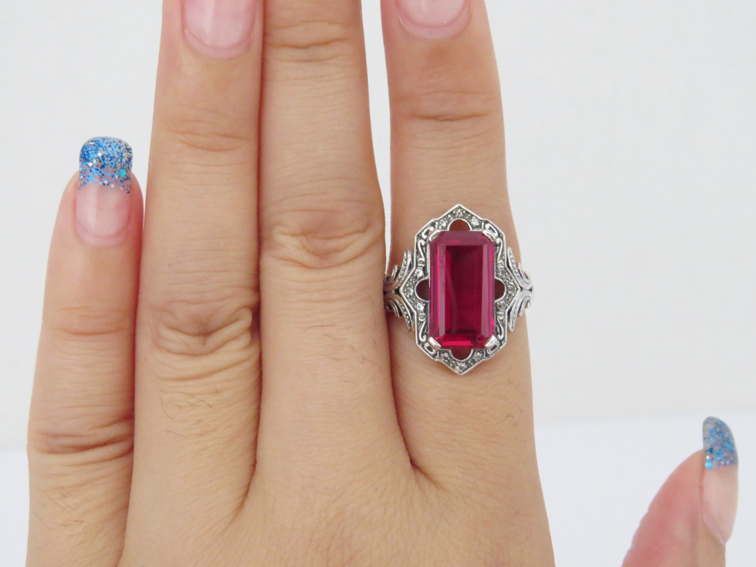 Vintage Sterling Silver White Topaz & Ruby Ring Size 8 | Etsy