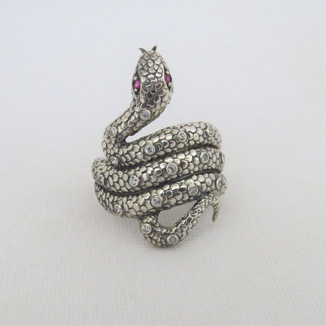 Vintage Sterling Silver White Topaz & Ruby Eyes Snake Ring Size 8 - Etsy