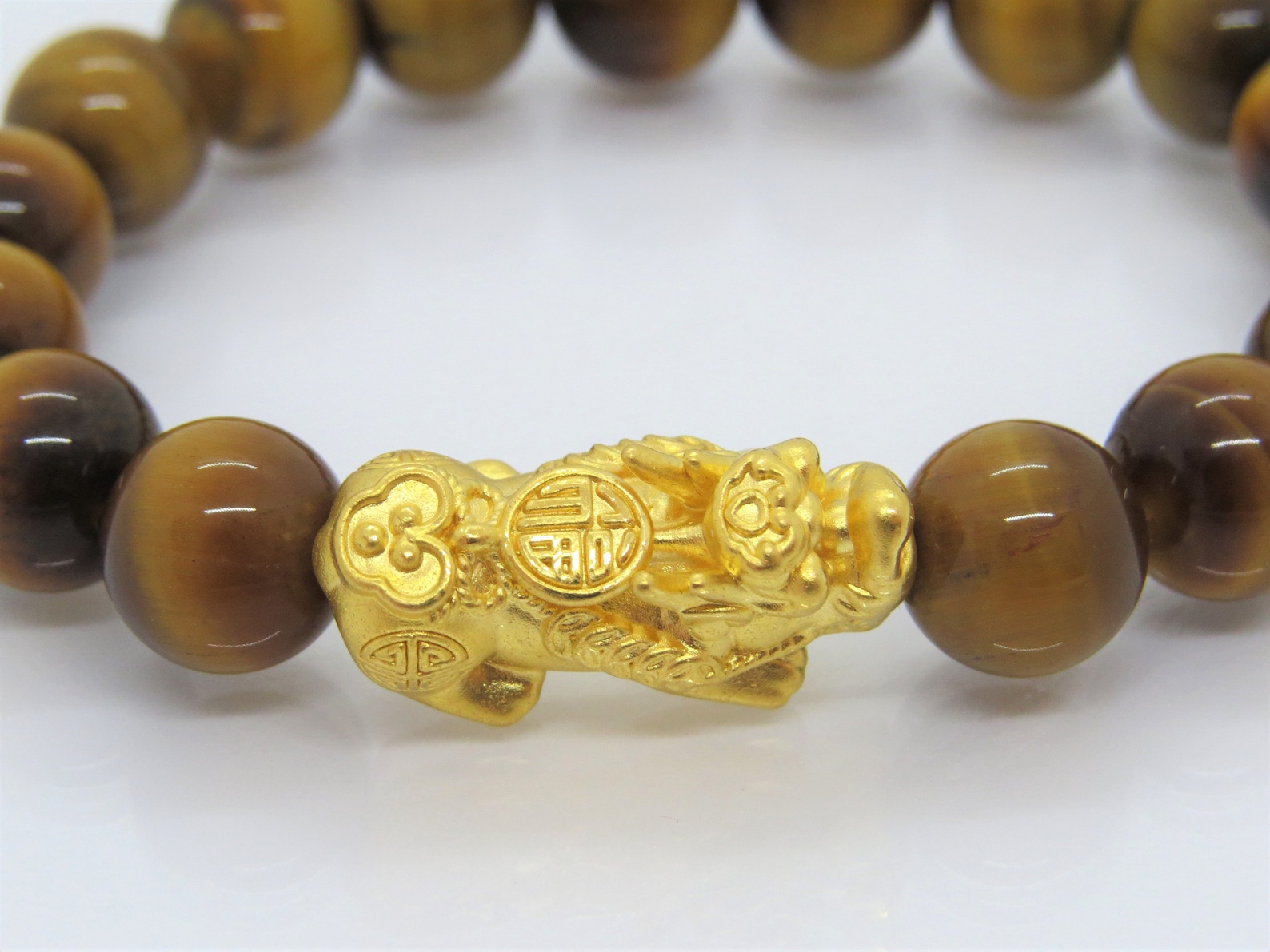 Vintage 24K 9999 Yellow Gold 3D Pixiu With Tiger's Eye Bead Elastic ...