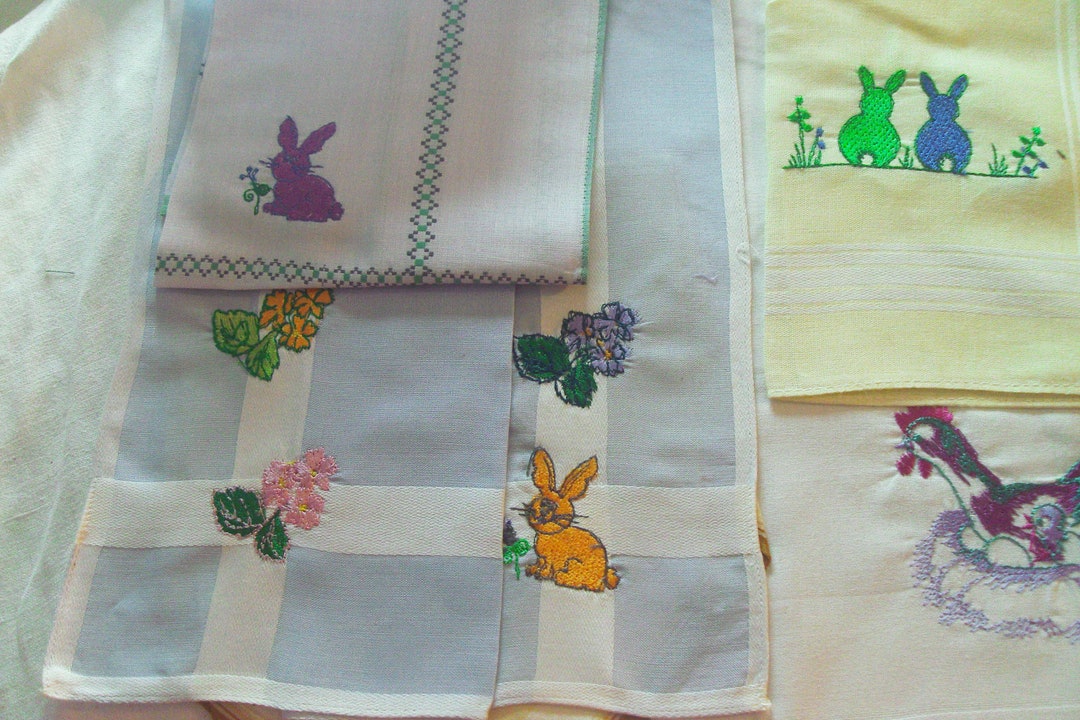 Handkerchief Embroidered With Bunny and Flowers or Heart, Eggs Chicken ...