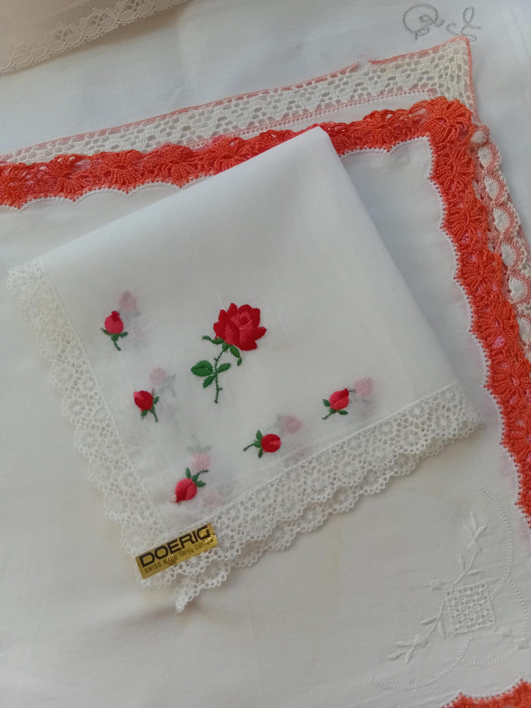Handkerchief With Rose Motif, Buds Embroidered, White Lace - Etsy