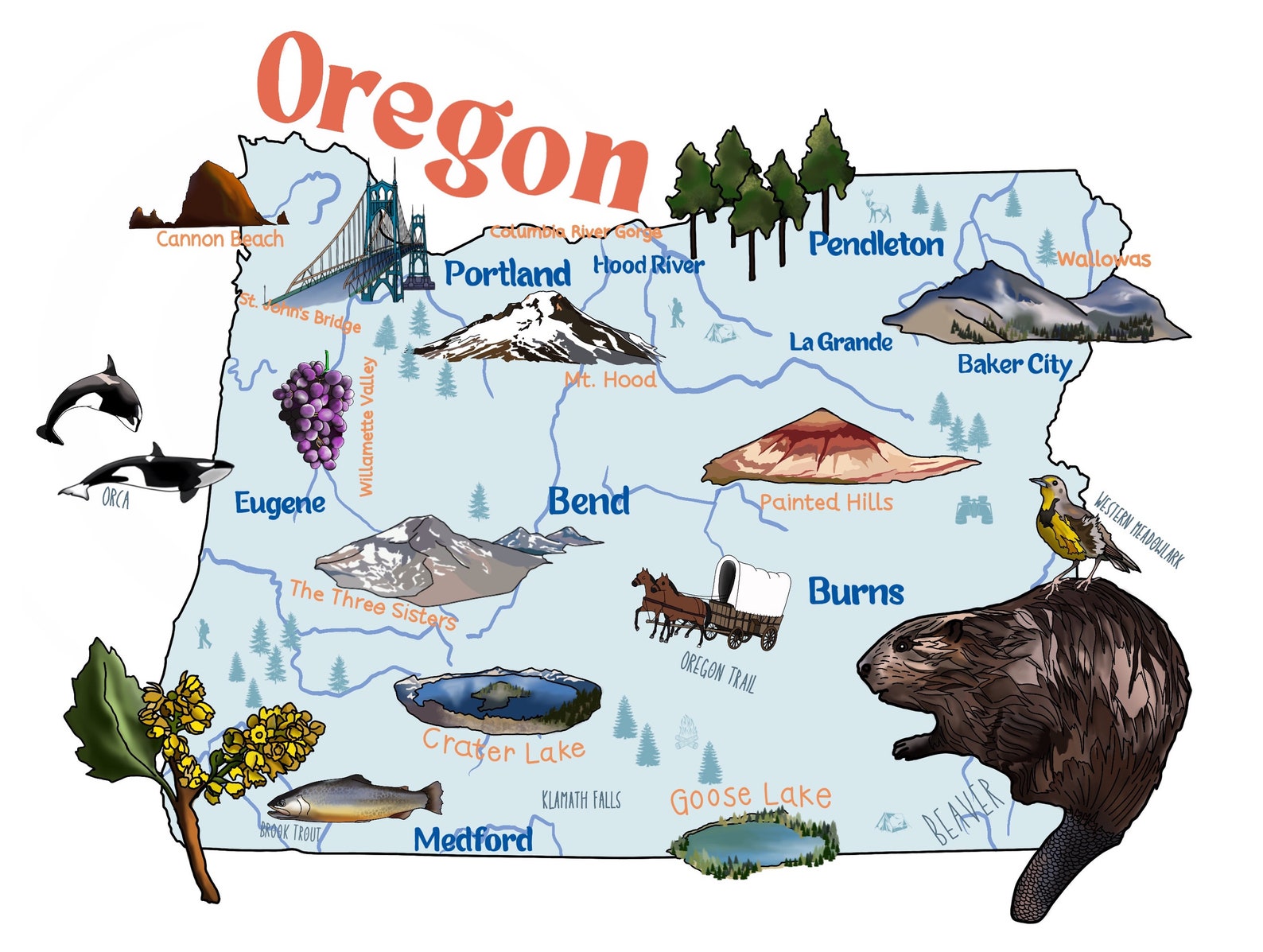 Oregon Map Poster Hand Drawn Portland, Salem, Eugene, Bend OR Pacific ...
