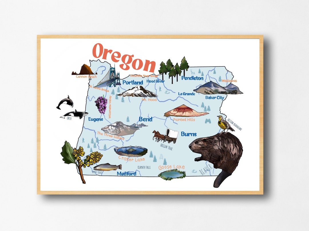 Oregon Map Poster Hand Drawn Portland, Salem, Eugene, Bend OR Pacific ...
