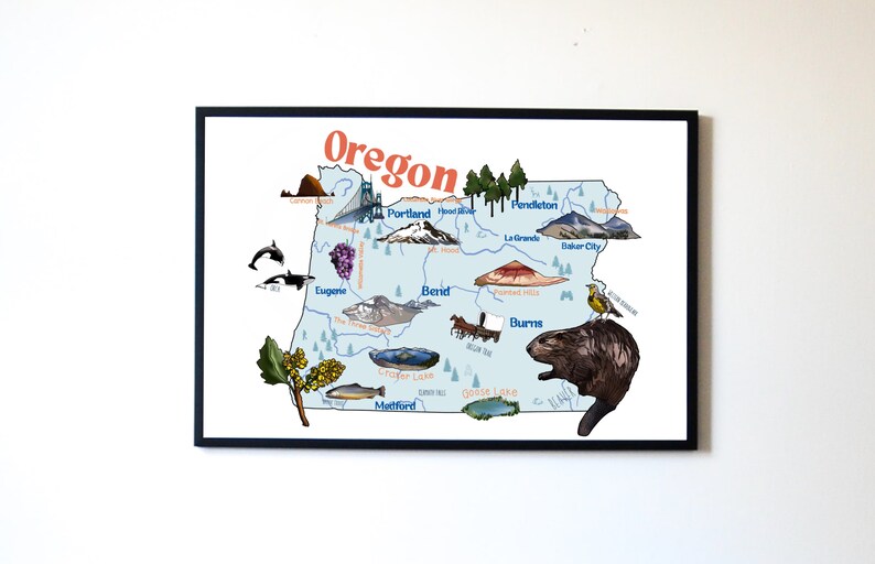 Oregon Map Poster Hand Drawn Portland, Salem, Eugene, Bend OR Pacific ...