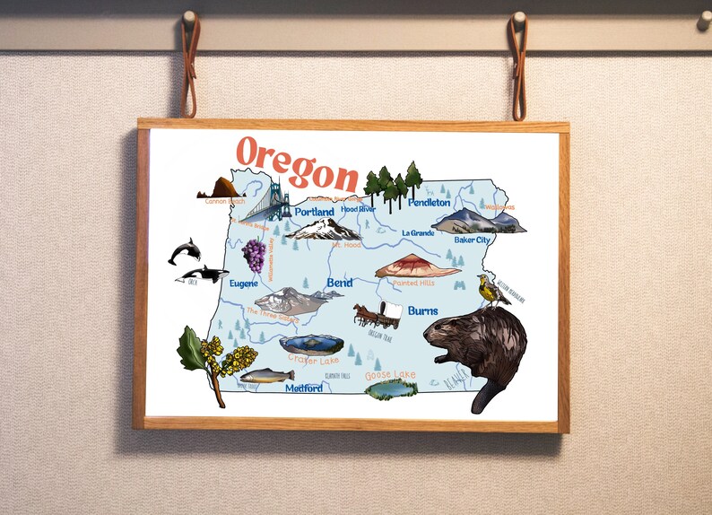 Oregon Map Poster Hand Drawn Portland, Salem, Eugene, Bend OR Pacific ...