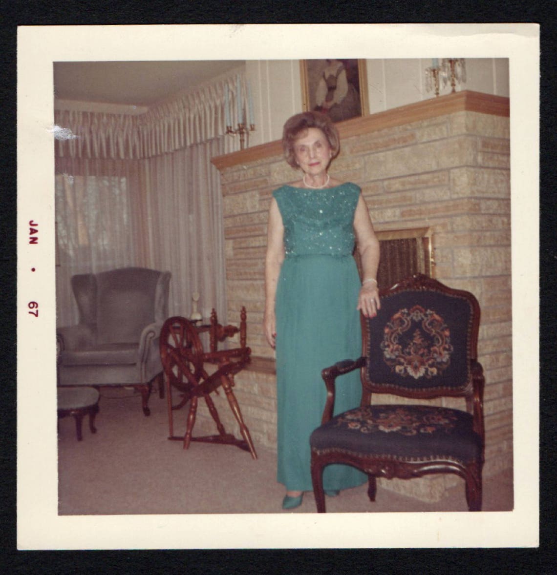Vintage Color Snapshot Photo Older Woman Posing in Emerald Green Dress ...