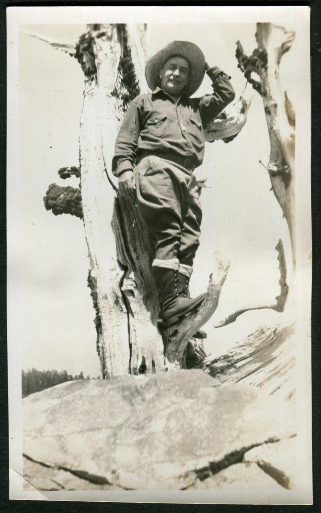 Vintage Photo Man Standing on Snag on Tree 1930's, Original Found Photo ...