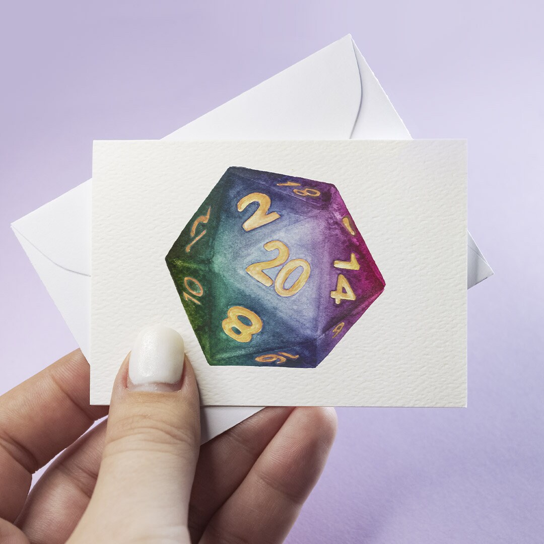 Rainbow Die Nat 20 Mini Cards, Set of 6 — Watercolor Mini Notes for ...