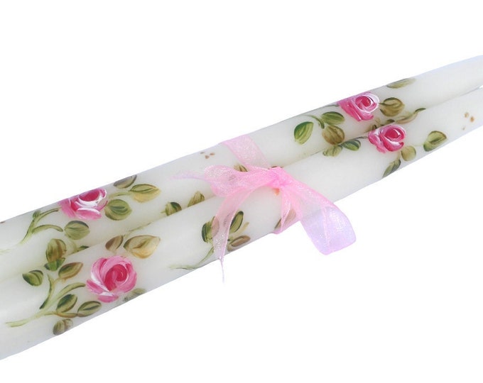 One Shabby Chic White 5 PILLAR Candle Hand Painted Deep Red Pink Roses ...