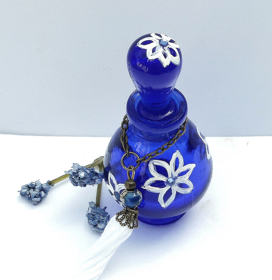 Mini Cobalt Blue Glass Perfume Bottle with Hand Painted White | Etsy