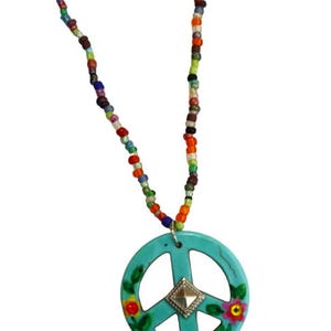 Long Beaded Peace Sign Pendant Necklace With Hand Painted Flowers ...