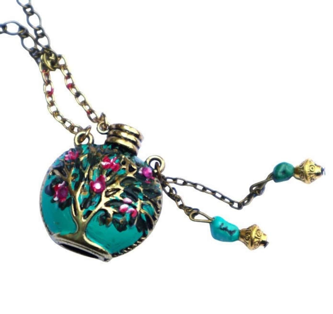 Long Turquoise Tree of Life Jar Pendant Necklace With Hand Painted ...