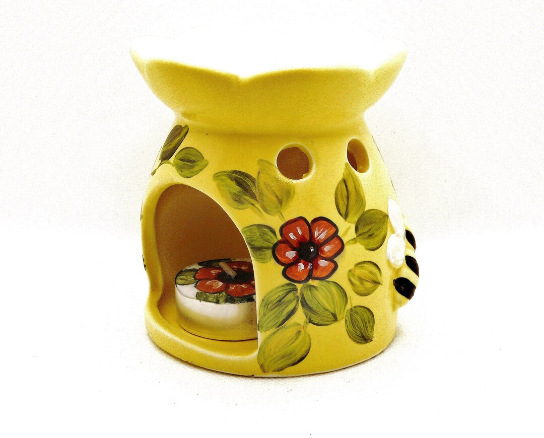 Hand Painted Flowers and Bees Ceramic Tea Light Candle Scented Wax ...