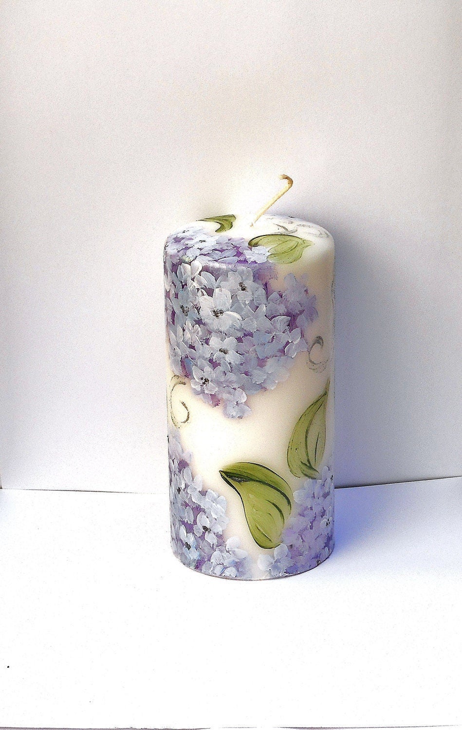 Hand Painted Lavender Hydrangea Flower Pillar Candle Romantic | Etsy
