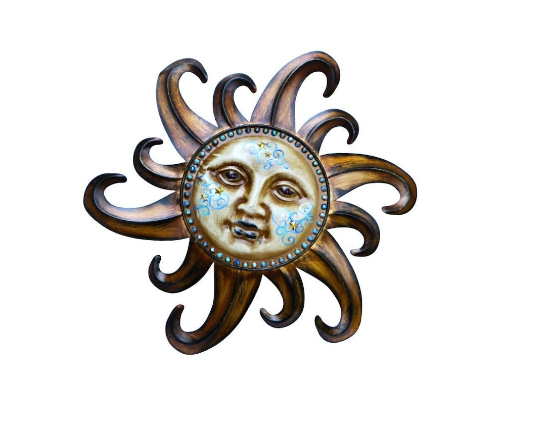 Large Lightweight 18" Metal Sun Face Plaque Bohemian Wall Art Decor Hand Painted Accents ...