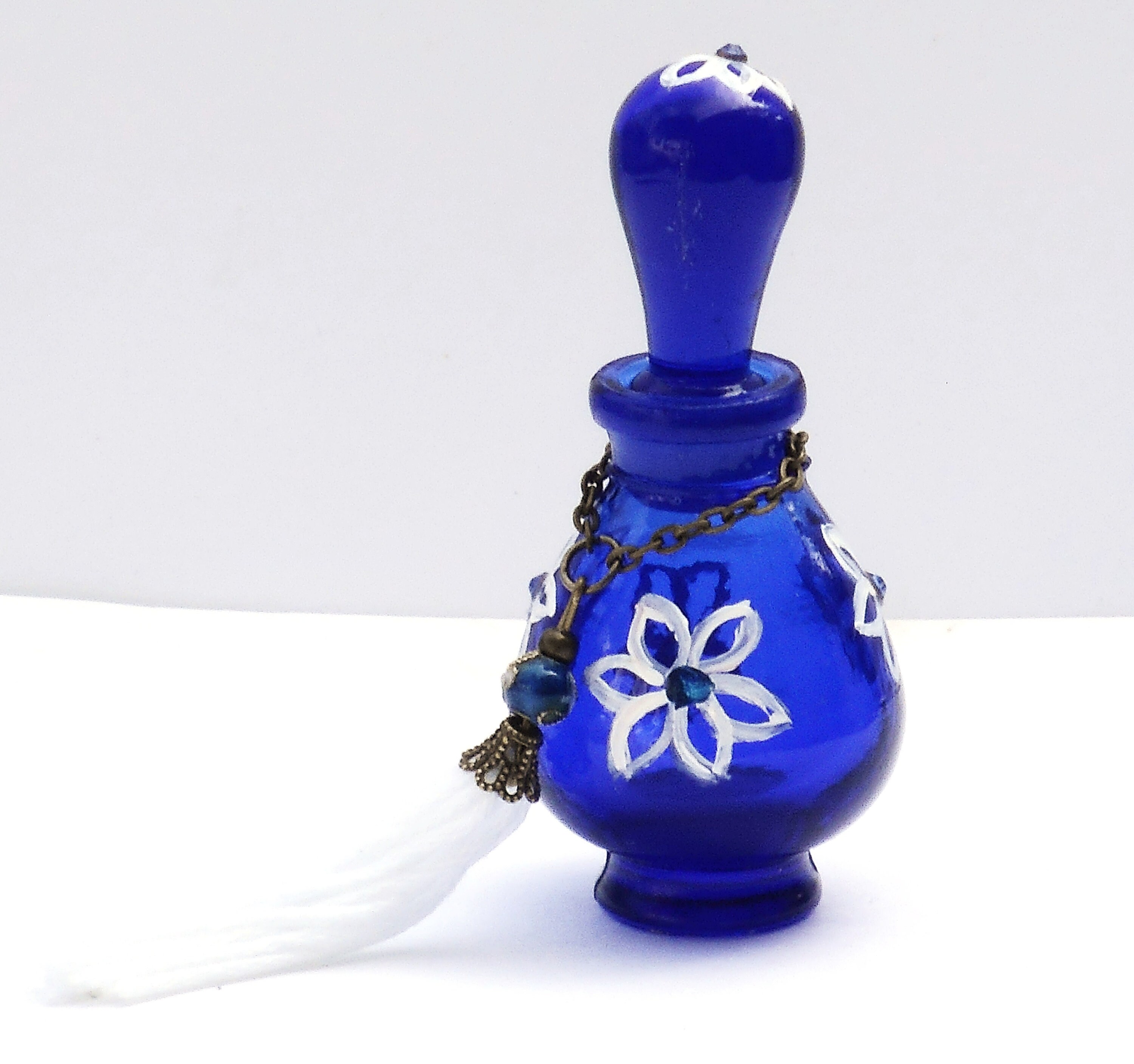 Mini Cobalt Blue Glass Perfume Bottle with Hand Painted White | Etsy
