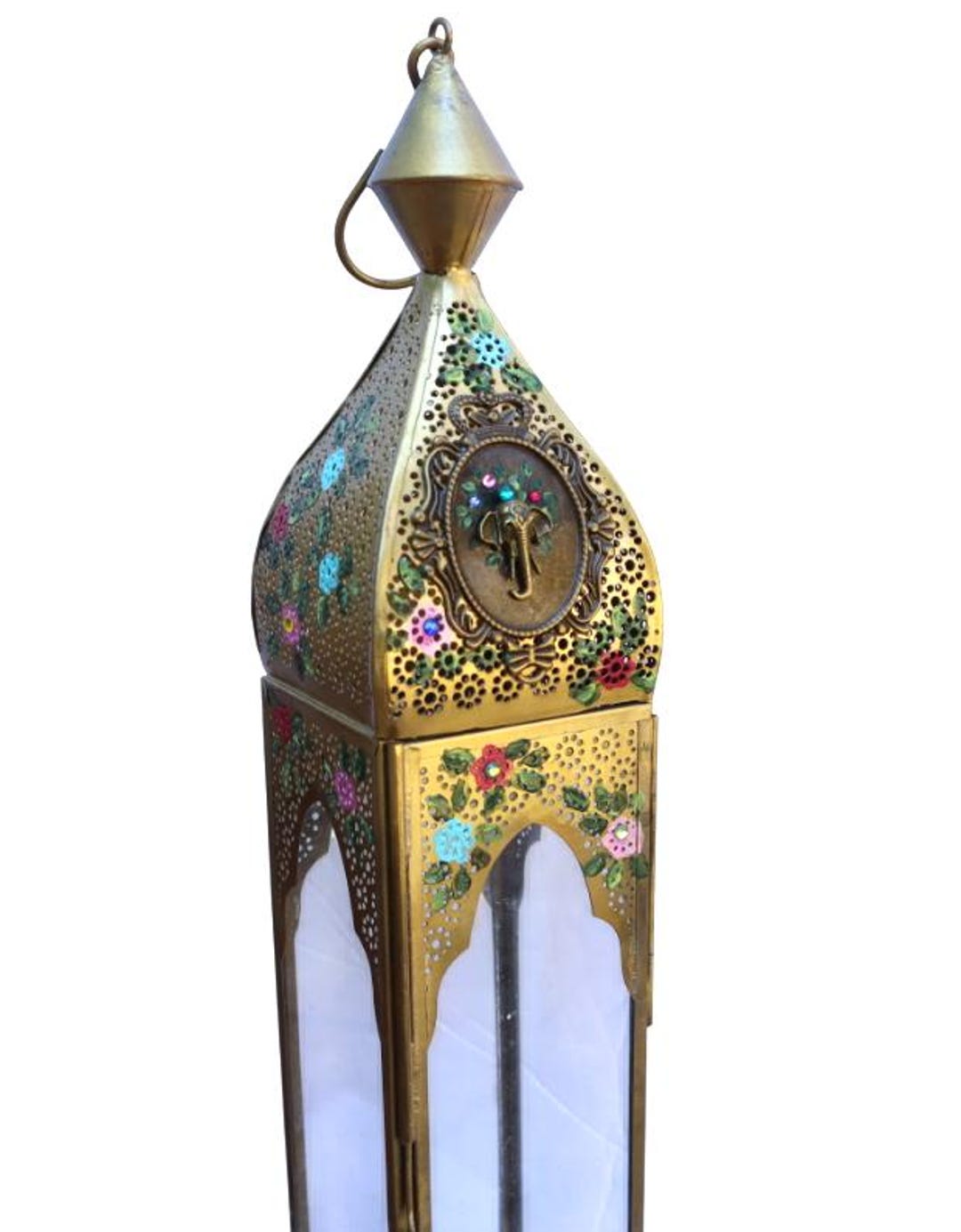 Gold Moroccan Elephant Candle Lantern: Hand-painted Floral Indian Boho ...