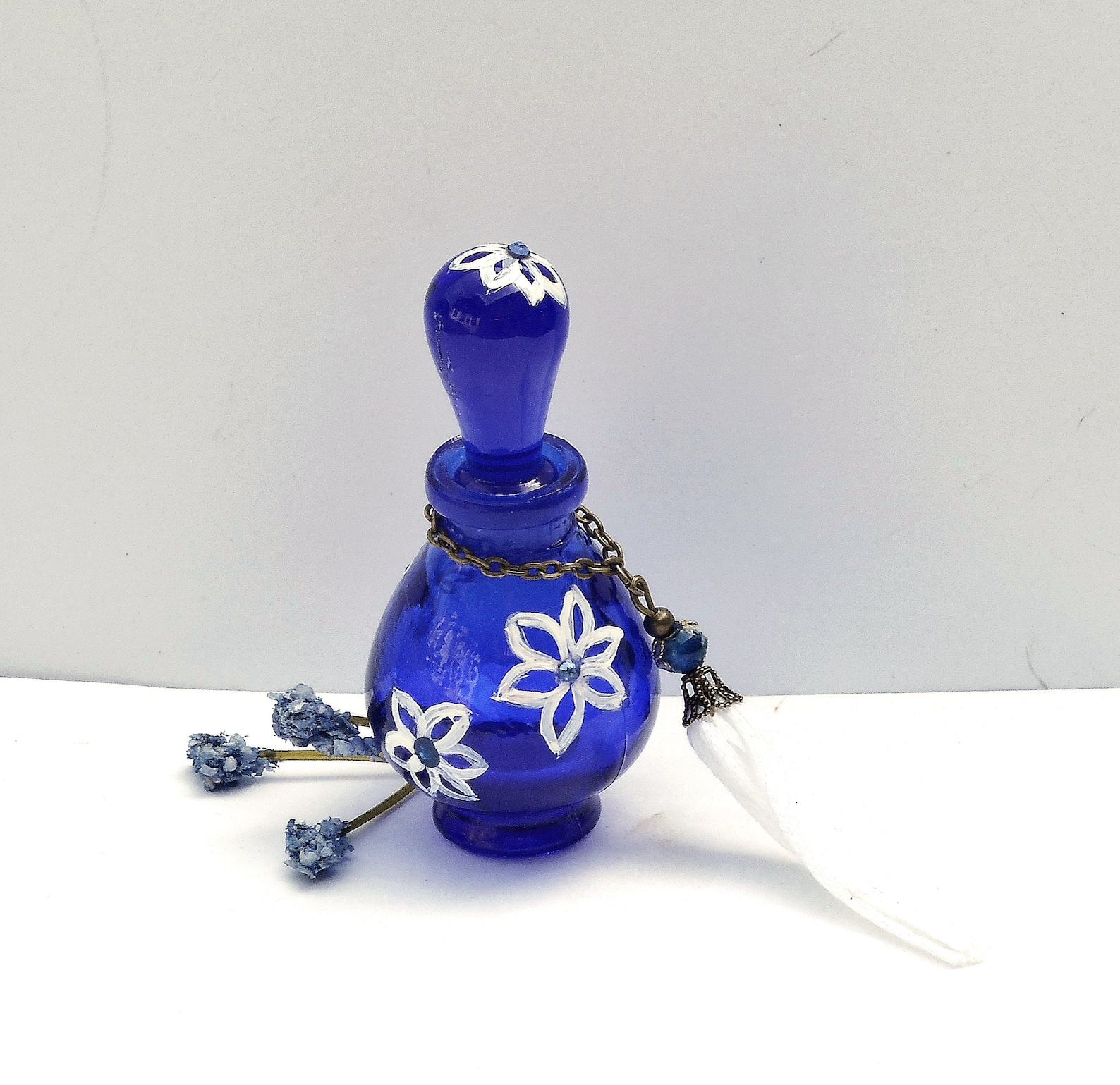 Mini Cobalt Blue Glass Perfume Bottle with Hand Painted White | Etsy
