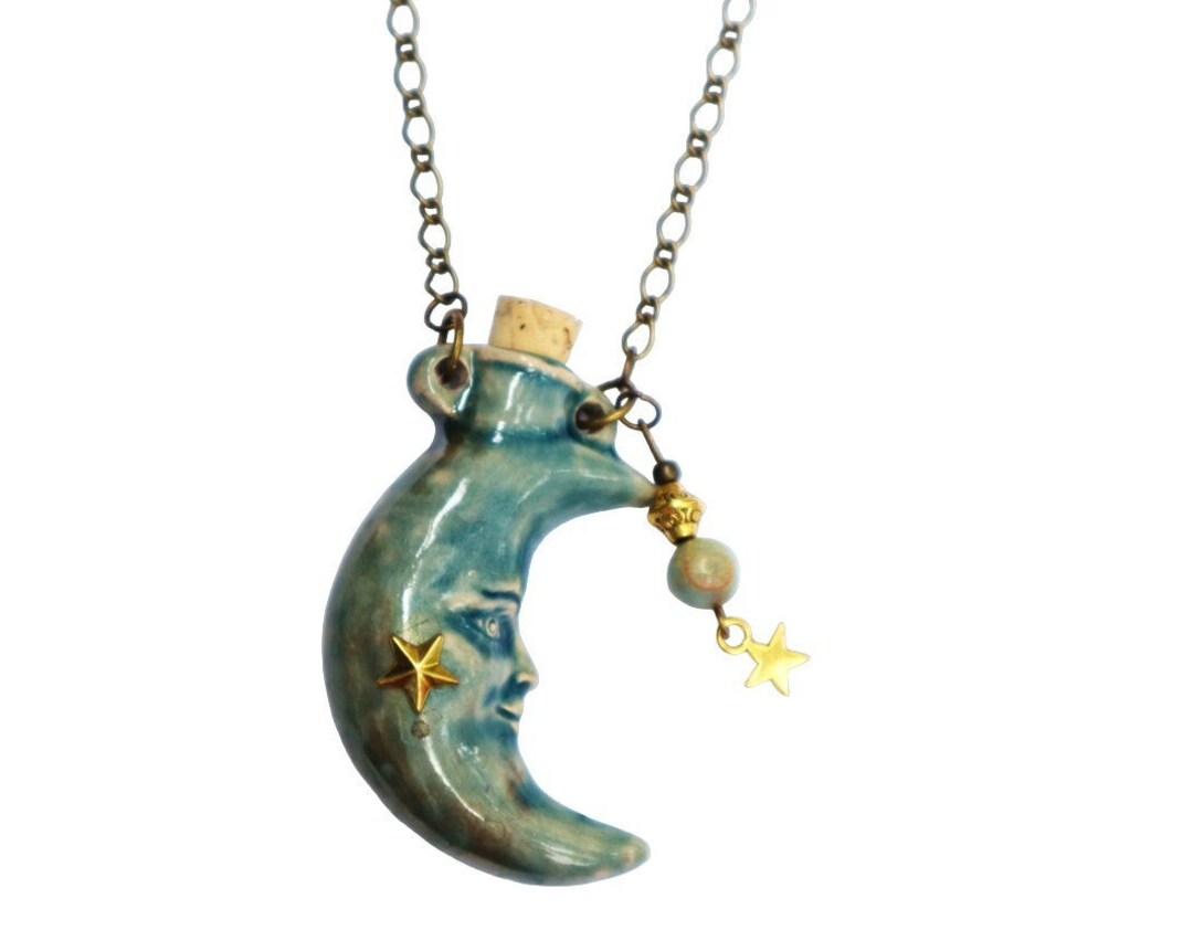 Essential Oil Raku Ceramic Half Moon Pendant Necklace With Cork Top ...
