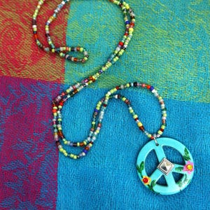 Long Beaded Peace Sign Pendant Necklace With Hand Painted Flowers ...