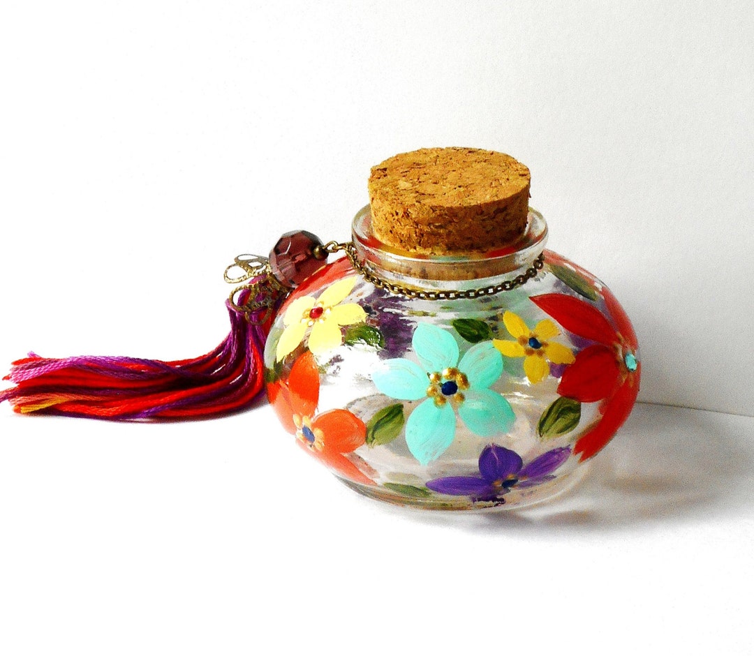 Pretty Hand Painted Decorative Glass Storage Jar With Cork Top Colorful ...