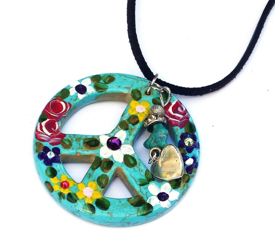 Adjustable Hand Painted Flowers Turquoise Peace Sign Boho Pendant ...