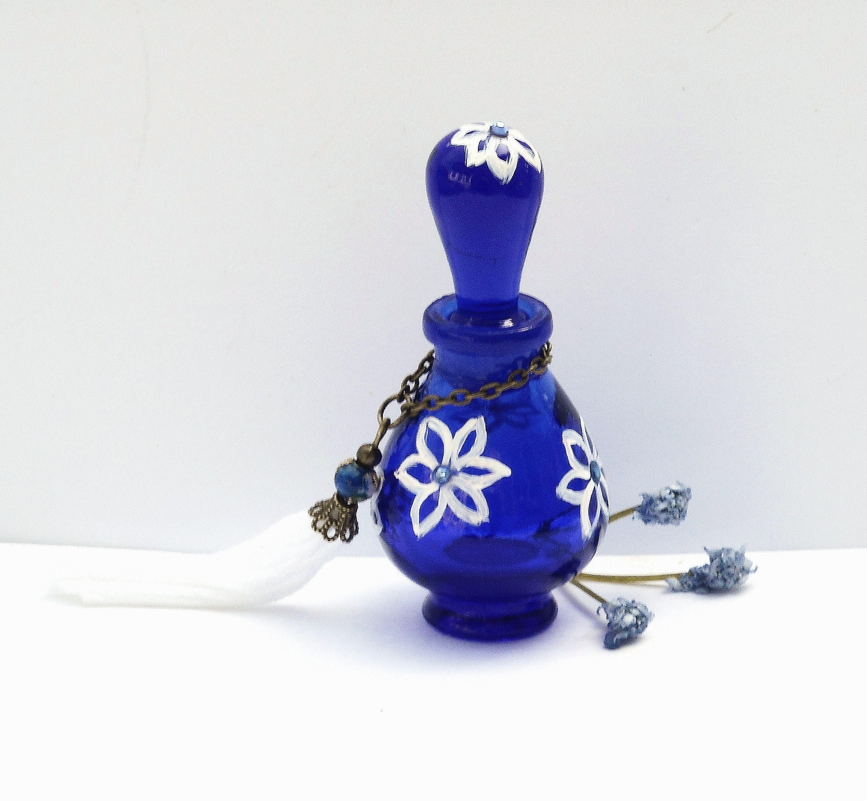 Mini Cobalt Blue Glass Perfume Bottle with Hand Painted White | Etsy