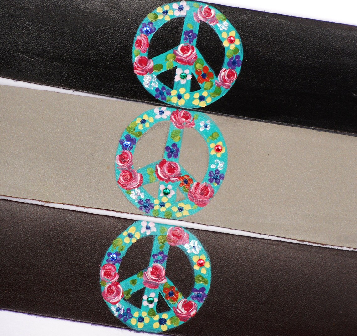Painted Peace Sign Leather Cuff Bracelet Colorful Flowers Boho | Etsy