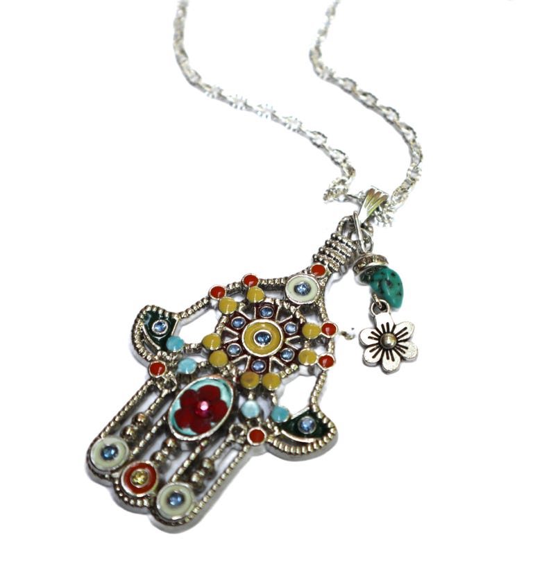 Silver Hamsa Pendant Necklace: Turquoise Bead, Colorful Hand of Fatima ...