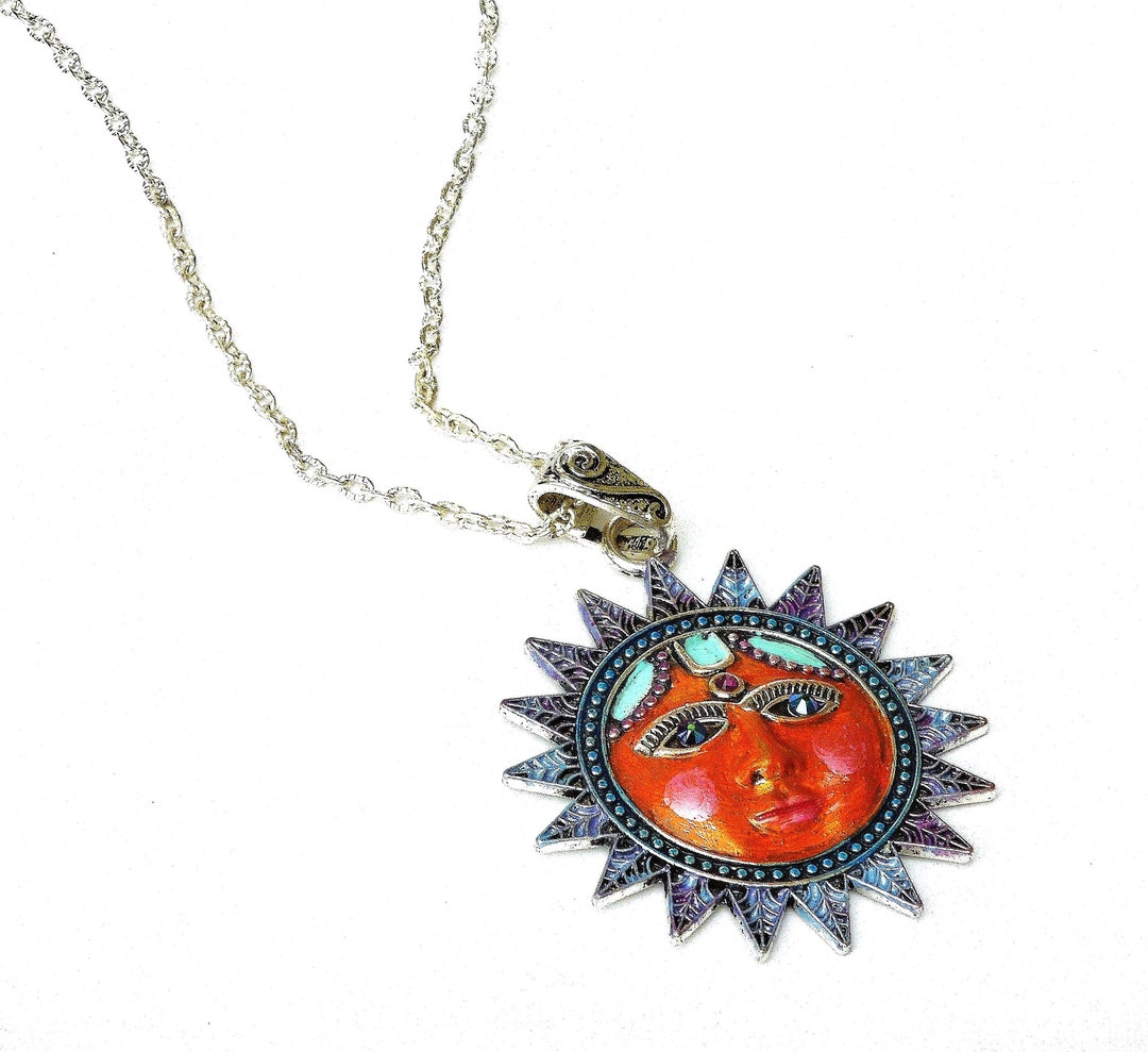 Hand Painted Large Silver Sun Face Pendant Necklace: Colorful Celestial ...