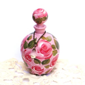 Decorative Pretty Hand Painted Pink Rose Glass Apothecary Perfume ...