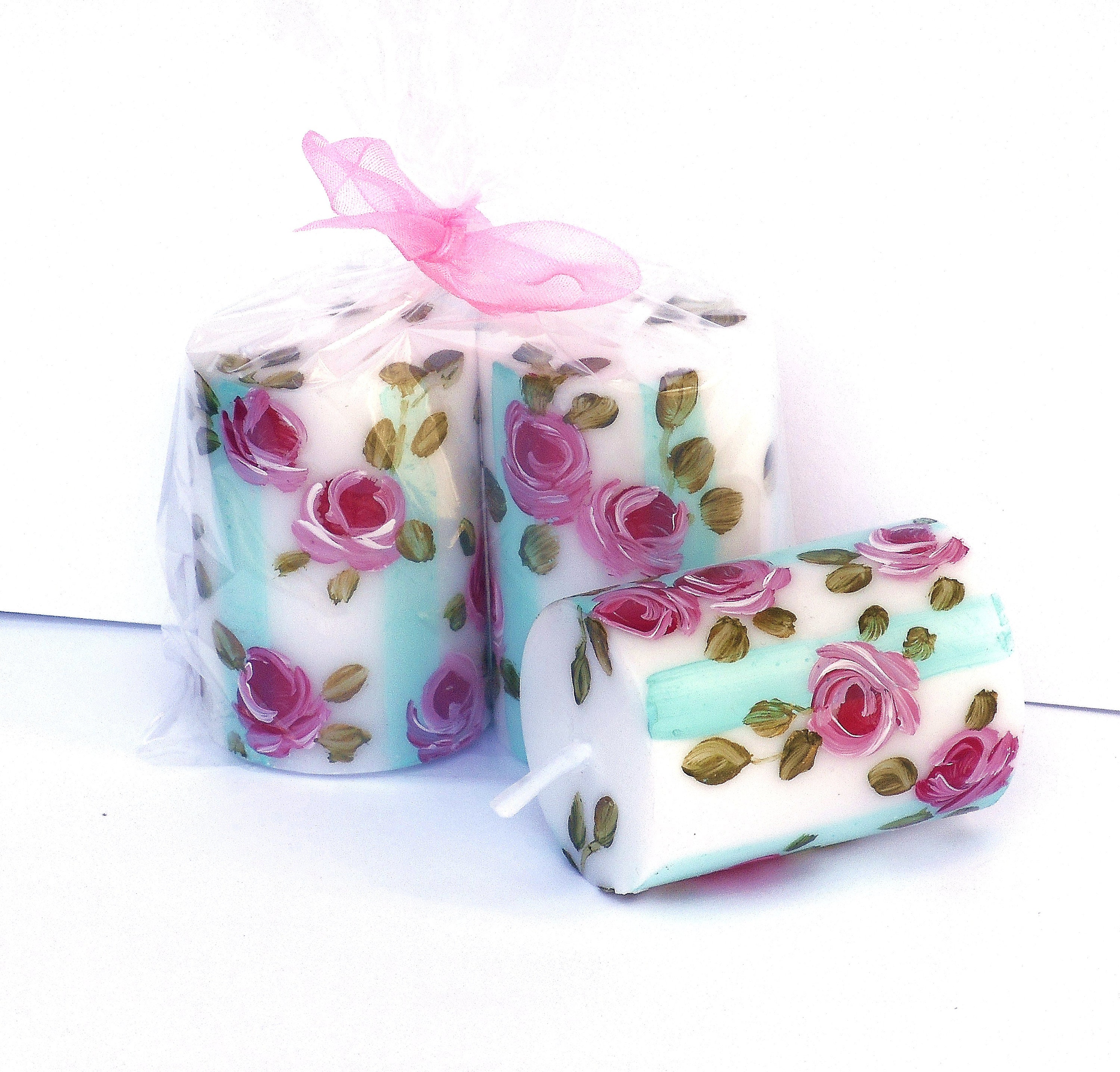 Painted Turquoise Blue Striped Pink Rose Votive Candles Gift | Etsy