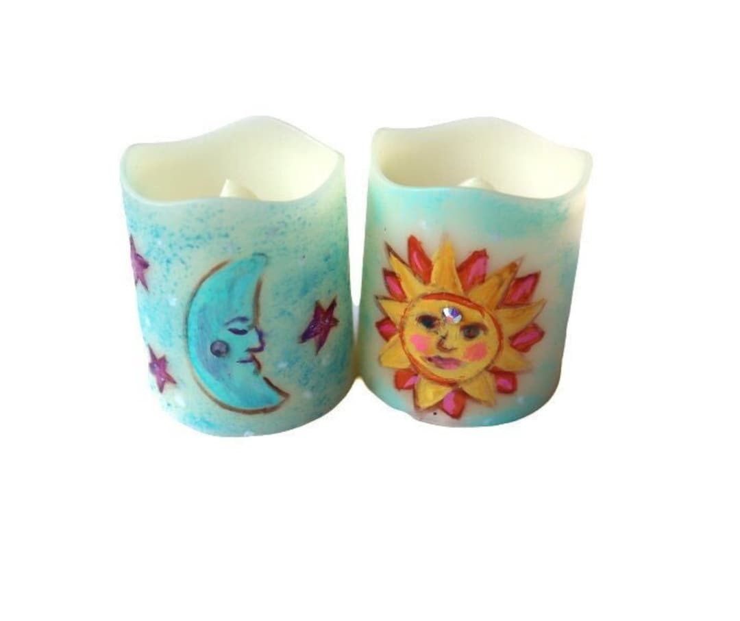 Hand-painted Sun Moon and Stars Flameless Votive Candles: Celestial ...