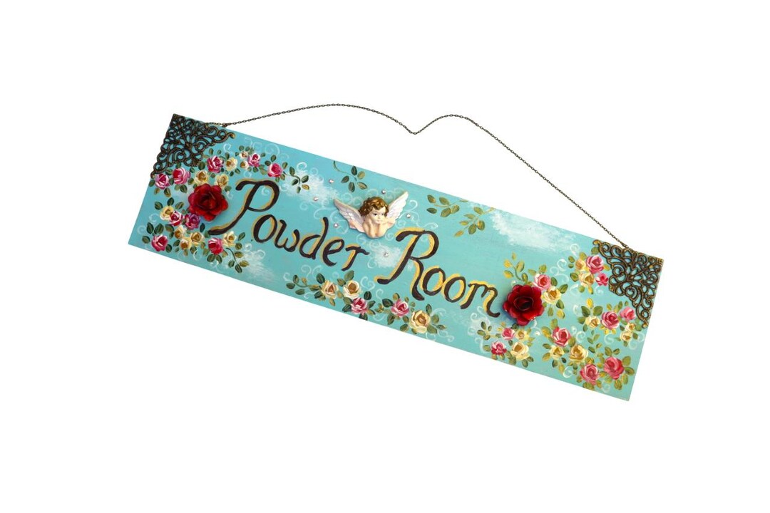 Blue Victorian Powder Room Sign: Hand-painted Roses, Romantic Cherub ...