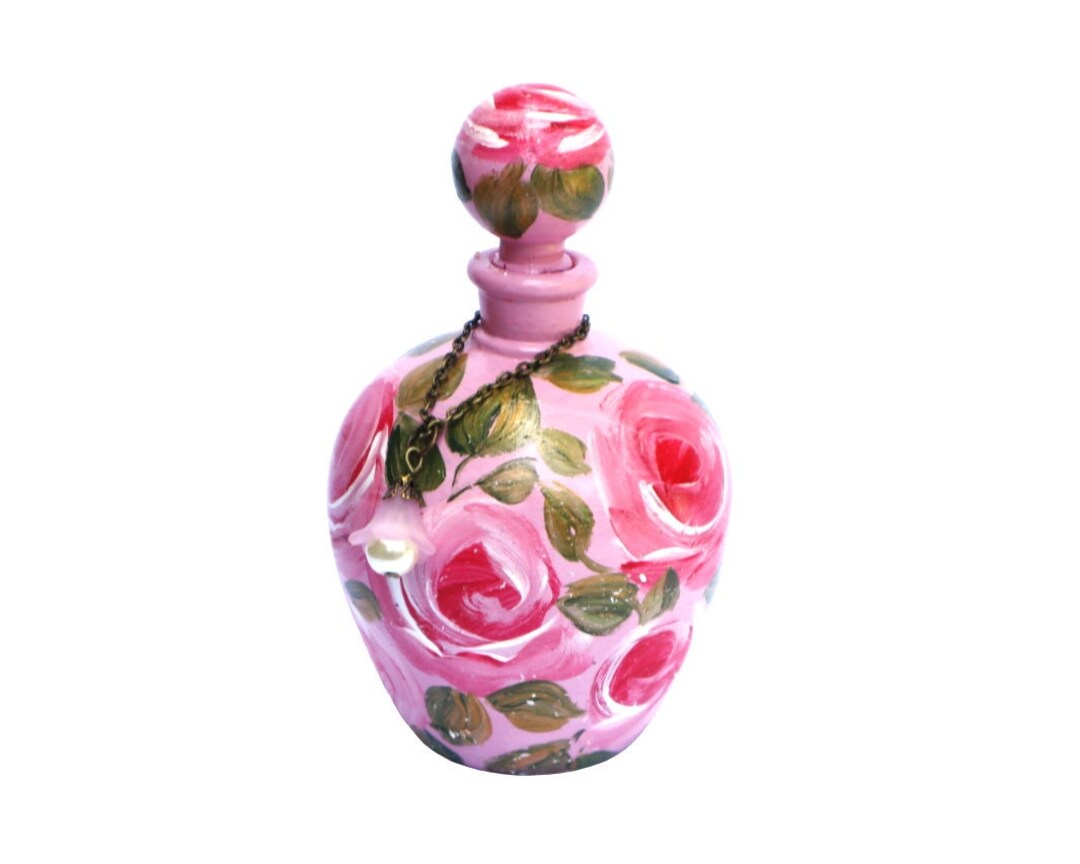 Decorative Pretty Hand Painted Pink Rose Glass Apothecary Perfume ...