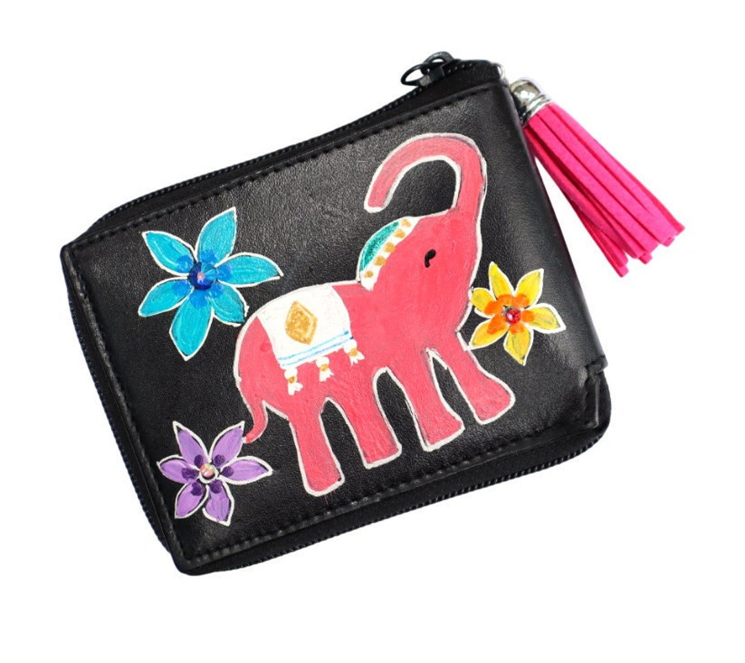 Hand-painted Elephant Zip Around Leather Wallet: Boho Floral Zipper ...