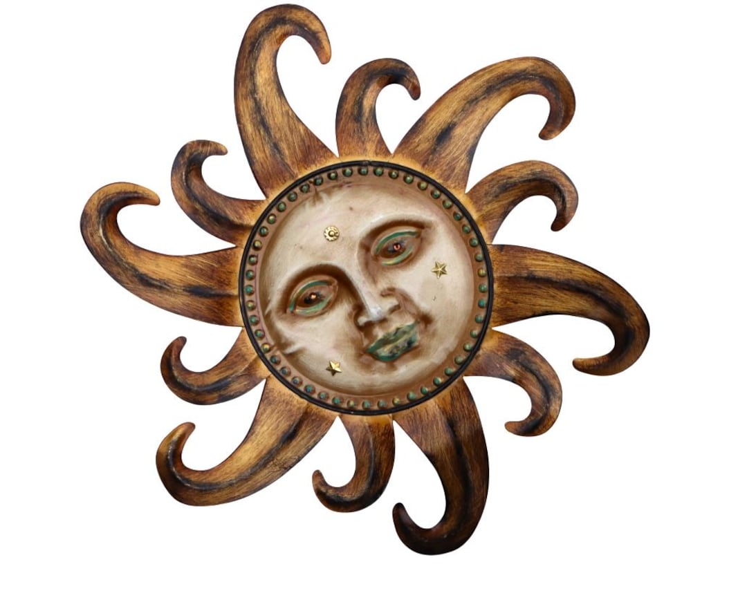 Large Antique Gold Sun Face Wall Plaque: Painted Accents Star ...