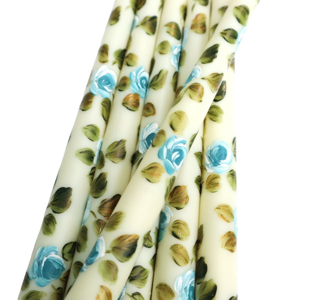 Hand-painted Blue Rose Flameless Taper Candles: Pretty Floral Shabby ...