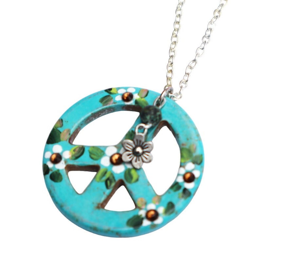 Hand Painted Daisy Turquoise Peace Sign Pendant Necklace With Topaz ...