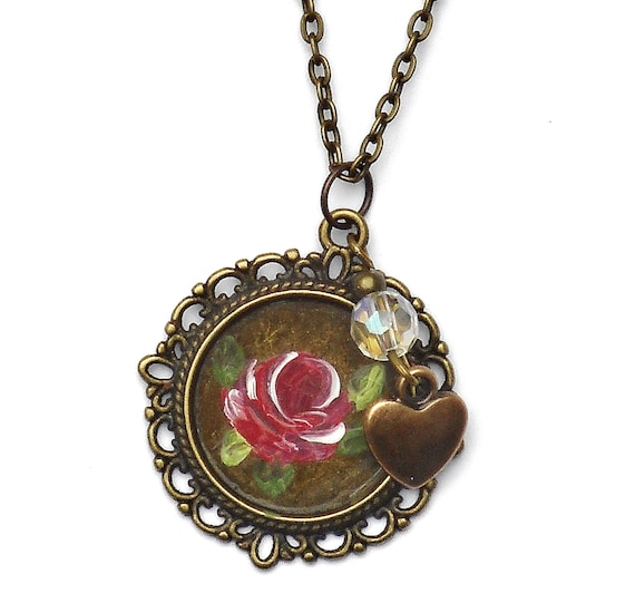 Romantic Rose Pendant Necklace Dangling Heart Charm Victorian - Etsy