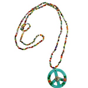 Long Beaded Peace Sign Pendant Necklace With Hand Painted Flowers ...